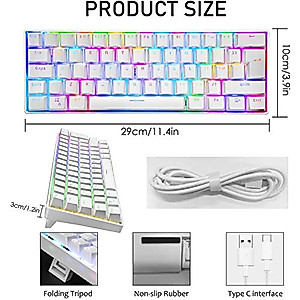 ZIYOU LANG MK21 Portable 60% Mechanical Gaming Keyboard Untra-Compact Type-c Wired with Light Up Chroma LED Backlit Non-Conflict 61 Key TKL Ergonomic for PS4 PS5 PC Mac Windows(White/Blue Switch)