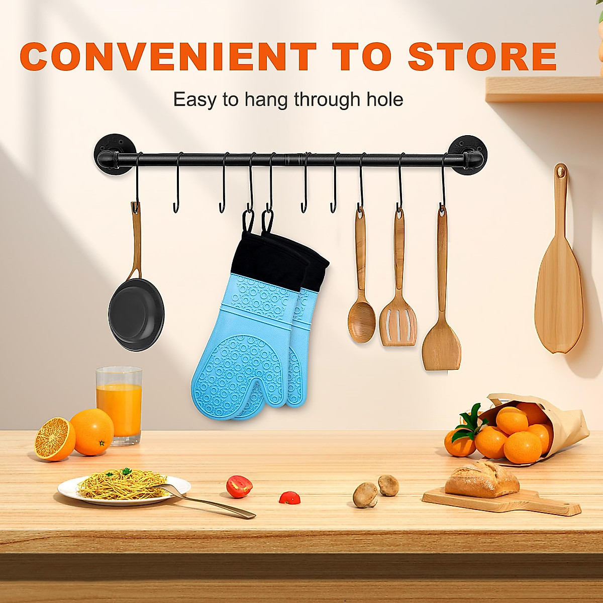 Obsoorth Heat Resistant Silicone Oven Mitts Waterproof Flexible Handle Hot Food Washable Blue Extra Long Anti-Slip Kitchen Glove for Baking Cooking BBQ, 1Pair