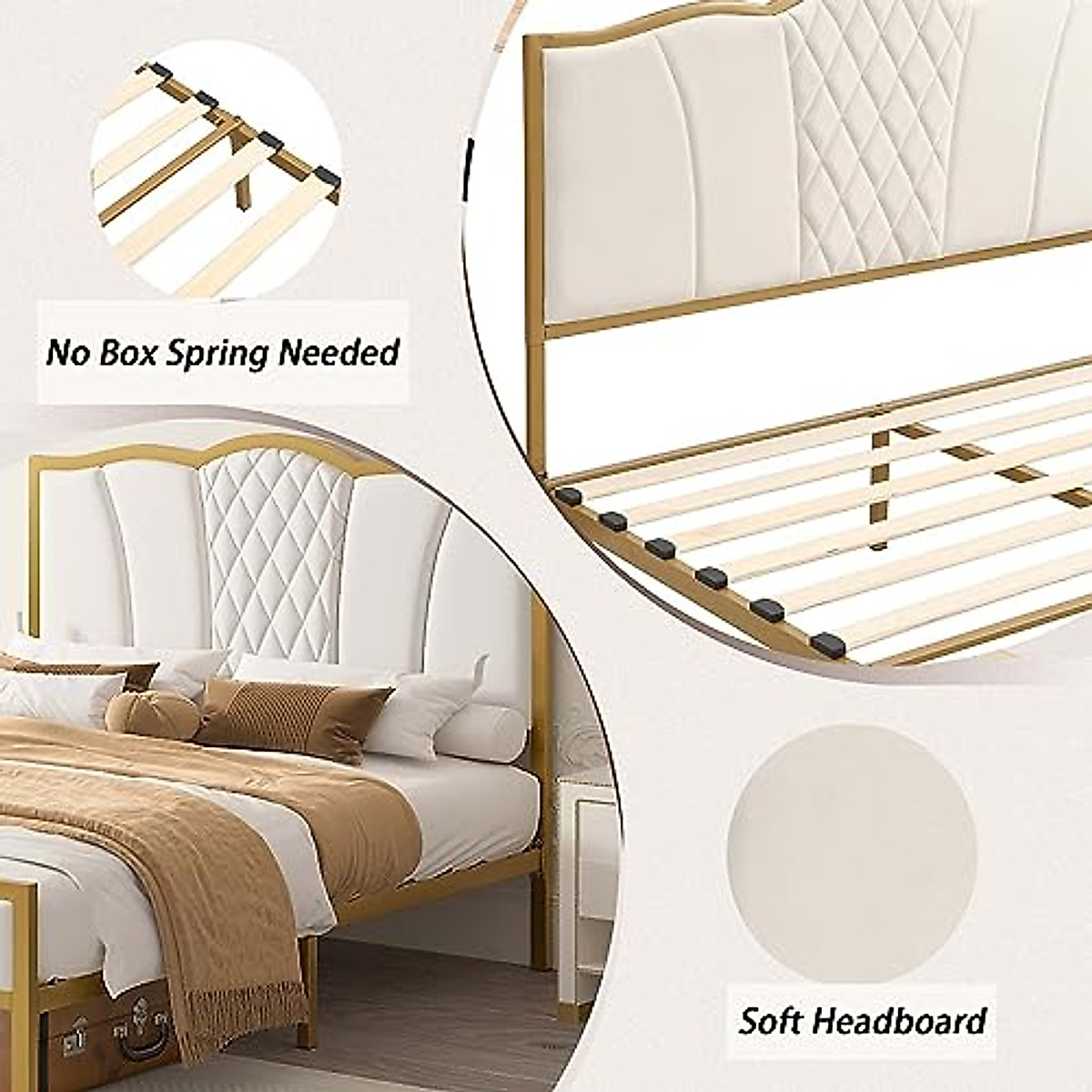 Queen Size Platform Bed Frame with Upholstered Headboard, Platform Bed Frame with Metal Frame & Sturdy Wood Slat Support, No Box Spring Needed for Bedroom Family Furniture Boys Girl (Queen, Beige)