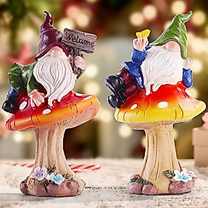 Free Yoka Funny Gnomes Garden Decor, Outdoor Patio Sculptures Statues Ornaments Welcome Sign for Yard Lawn Miniature Mushroom Accessories Figurine Home Decorations Set of 2