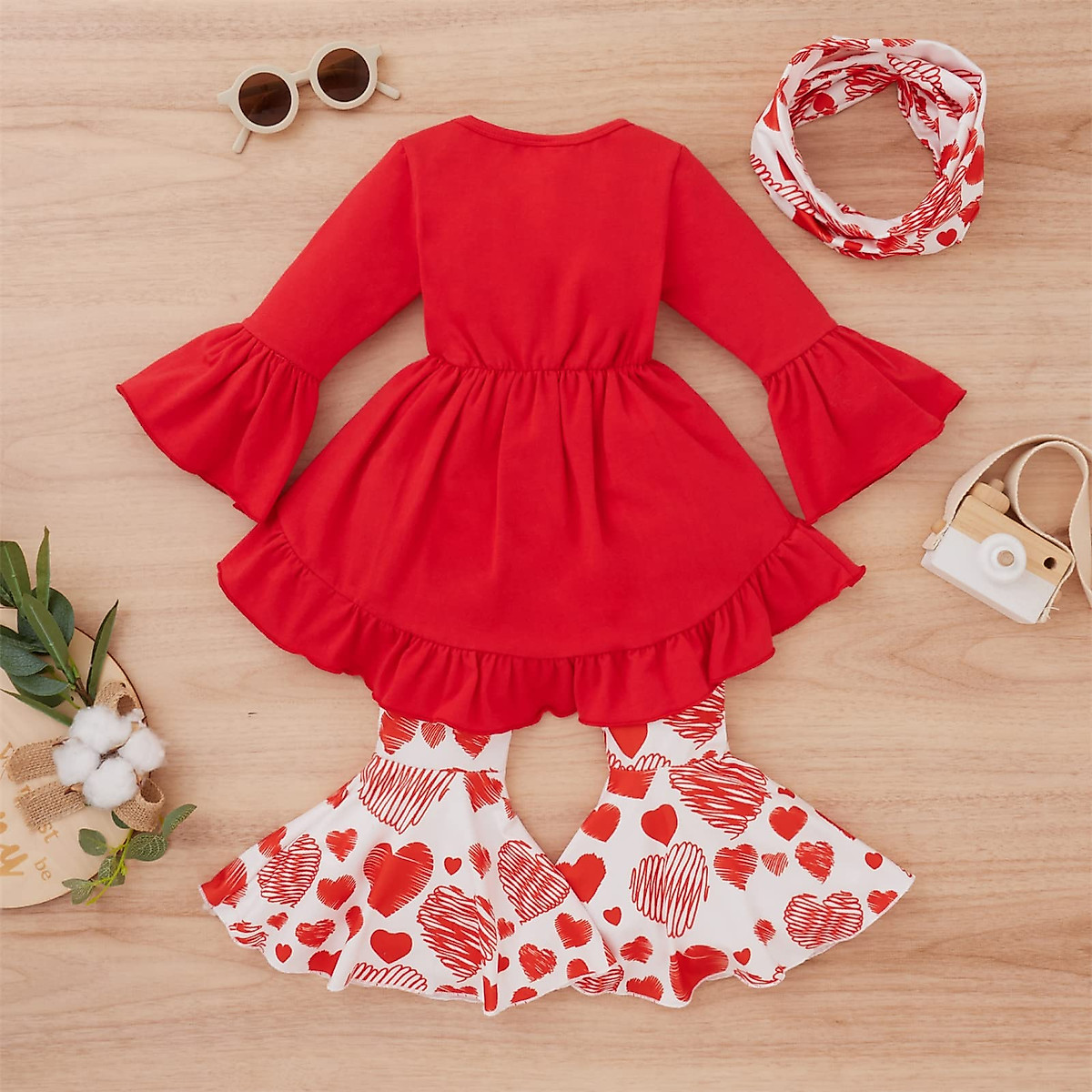 GRNSHTS Valentine's Day Baby Girl Outfits Toddler Kids Long Sleeve Top Dress+Heart Print Flared Pants+Scarf 3PCS Clothes Set(Red-D,18-24M)