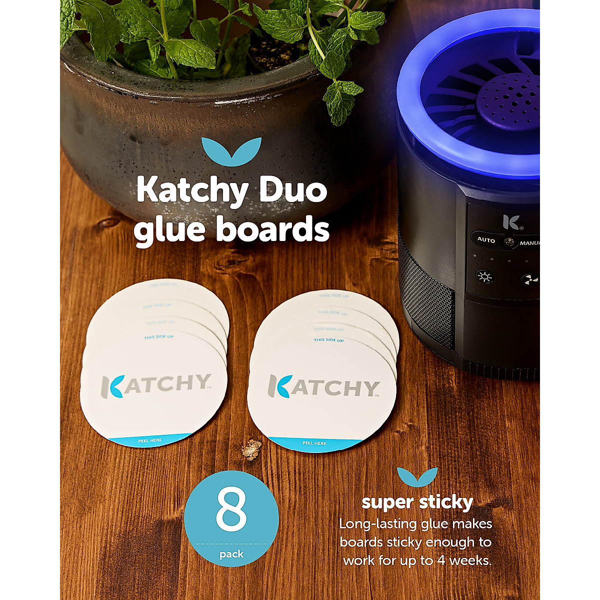 Katchy Indoor Fly Trap - Catcher & Killer for Mosquito, Gnat, Moth, Fruit Flies - Non-Zapper Traps for Buzz-Free Home (8-Pack Glue Boards for Duo Model, White)