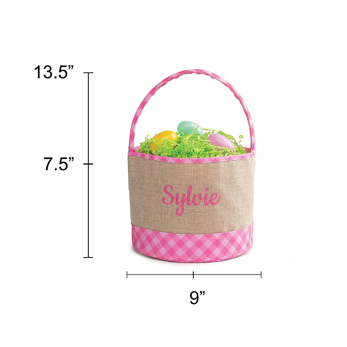 Personalized Easter Bucket Bag with Custom Cursive Name | Pink Plaid Burlap Easter Bag with Handle | Egg Basket for Kids | Customized Easter Basket | Great for Book and Toy Storage