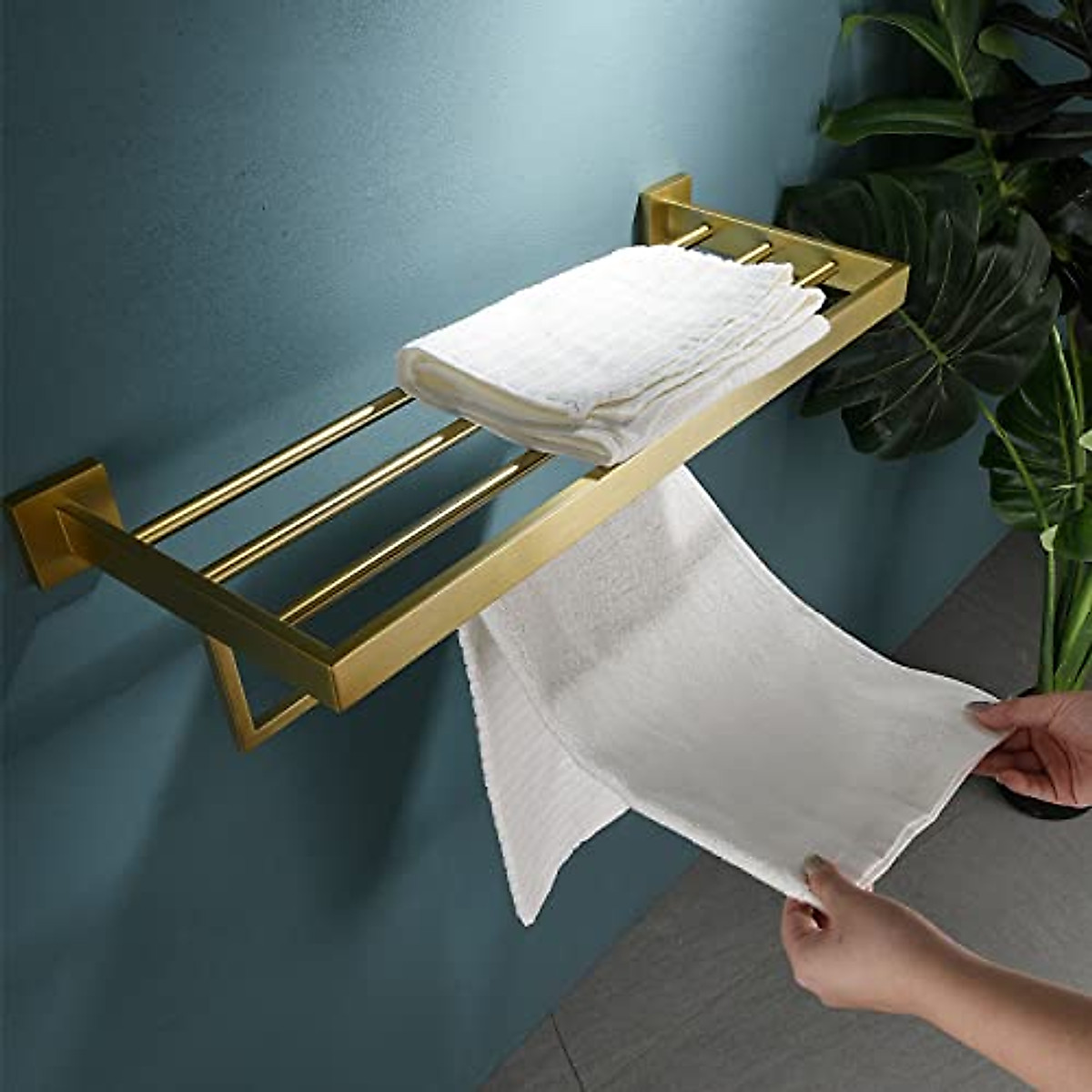 TURS Bathroom Towel Rack Brushed Gold Towel Shelf with Towel Bar Stainless Steel Wall Mounted Towel Holder Towel Rail
