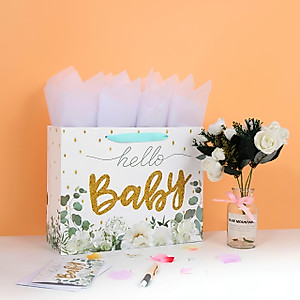 13" Large White Gift Bag Set with Greeting Card and Tissue Papers (Gold Glitter ‘Baby’) for Girls' Birthday Party, Women's Birthday Parties, Baby Shower, Baby Girl or Boy - 13”x5.2”x10.2”, 1 Pcs.