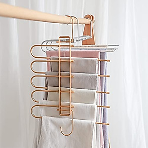 Pants Hangers Space Saving,Closet Hangers 5 Layers 2 Uses Multi Functional Pants Rack,Metal Heavy Duty Wardrobe Organizer Racks for Clothes Trousers Scarves Ties (Gold)