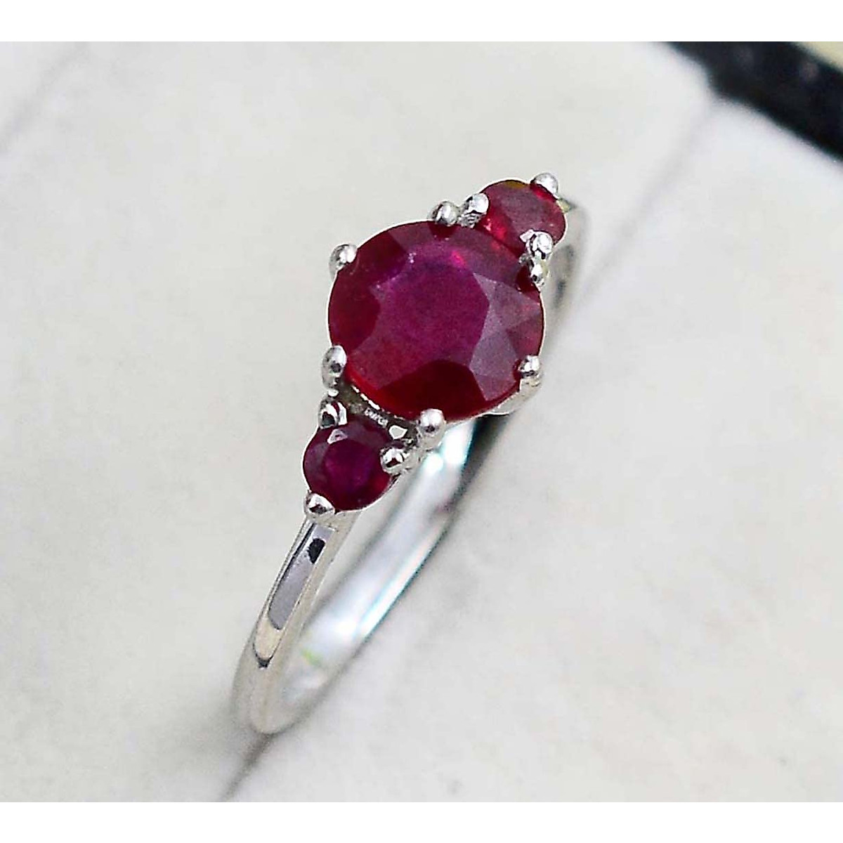 925 Sterling Silver Natural Red Ruby Gemstone 7 MM Round Cut July Birthstone Three Stone Cluster Unisex Ring For Birthday Gift (Rhodium Plated Silver, 6)