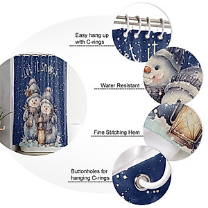 Navy Blue Snowman Christmas Shower Curtain, Xmas Pine Cones Botanical Stall Shower Curtains for Bathroom/Bathtub, Winter Snowflake Waterproof Fabric Shower Curtain Set with 12 Hooks, Standard 72"x72"