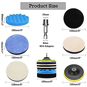 SOLULU 5 Inch Wool Polishing Buffing Pads Kit, 7 Pcs Waxing Buffing Polishing Sponge, 5 Inch Face for 5 in 125mm Backing Plate, for Drill Buffer Attachment with M14 Drill Adapter