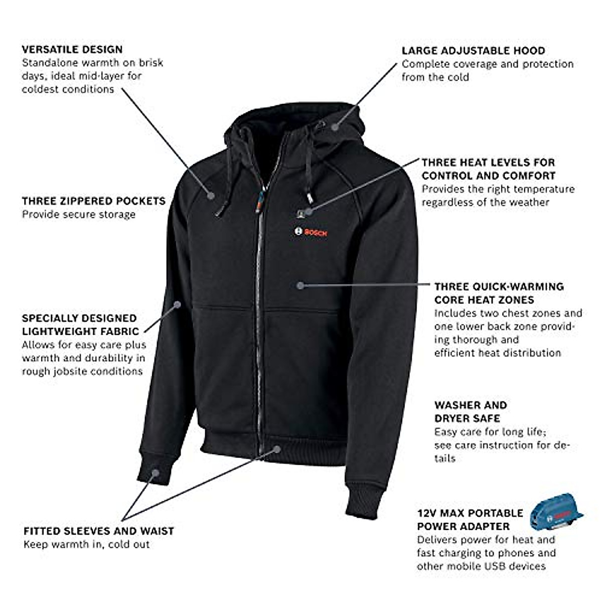 BOSCH GHH12V-20MN12 12V Max Heated Hoodie Kit with Portable Power Adapter - Size Medium