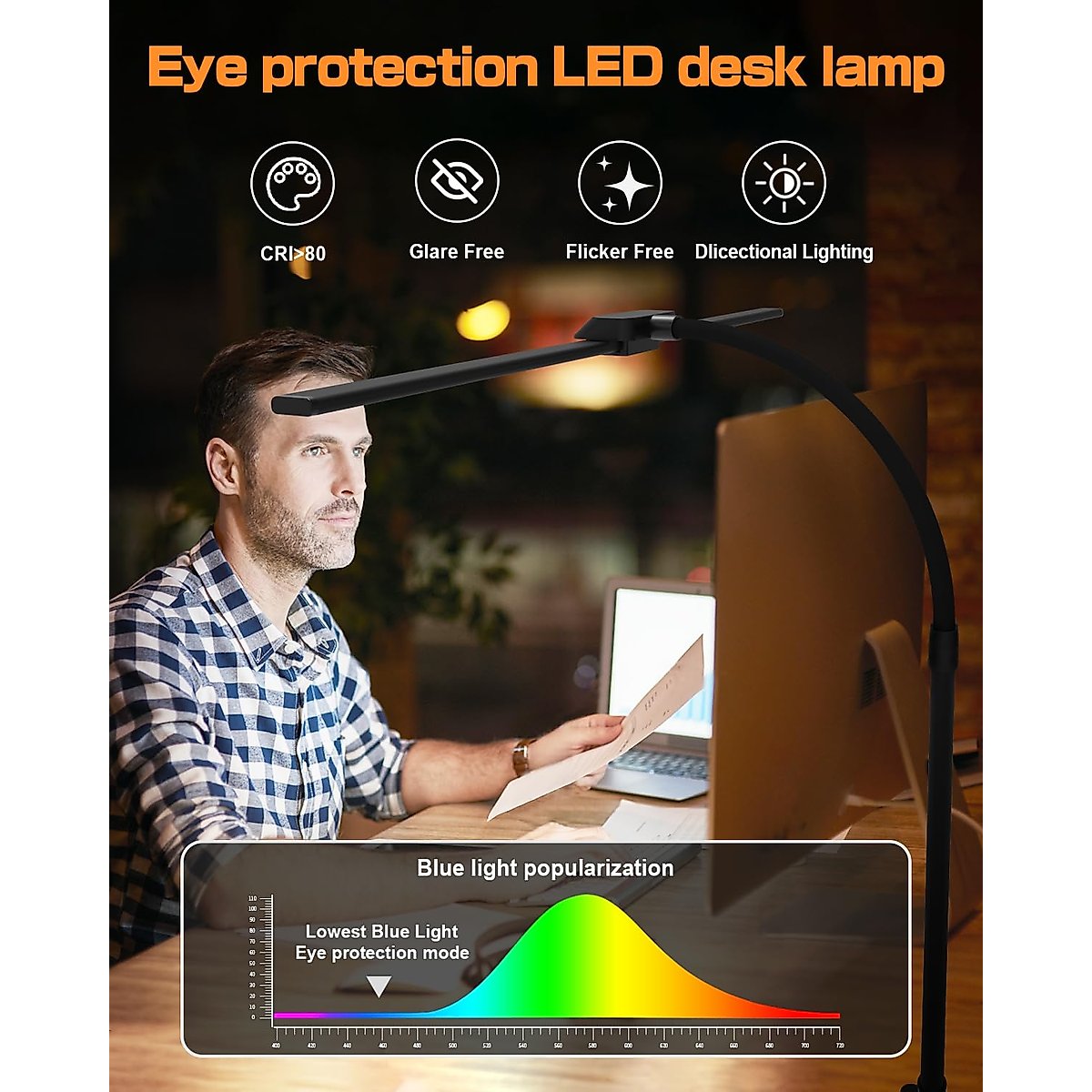 Mefine Desk Lamp w/ Clamp Home Office-Eye-Caring Office Computer Led Desk Light w/ Flexible Gooseneck, 22W Bright Architect Study Clip Lamp Desk Adjustable Task Lighting Stepless Dimming (wf-2032)