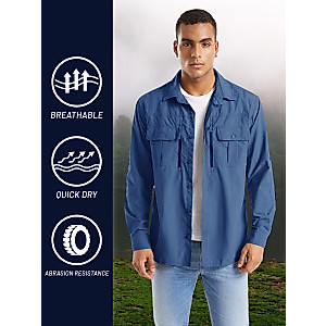 TACVASEN Men's Tactical Shirts Quick Dry UV Protection Long Sleeve Hiking Fishing Button Shirts Royal Blue, L