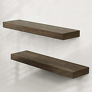 LYNNC Floating Shelves, 2 Rustic Wood Shelves + 3 Photo Frames, Wall Shelves for Bedroom, Living Room, Bathroom, Kitchen, Cocoa Brown