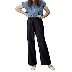 yoeasy Women Cotton Linen Drawstring Wide Leg Pants High Waisted Casual Loose Trousers with Pockets (X-Large, Black)