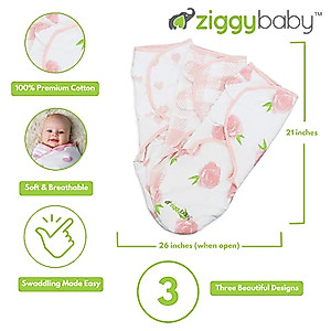 Baby Girl Swaddle Blanket Adjustable Wrap Set Size Small/Medium, 0-3 Months - 3 Pack - Pink Peony, Pink Heart, Pink Buffalo Plaid - Newborn Swaddle, Baby Swaddles by Ziggy Baby