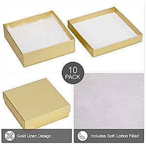 Cardboard Jewelry Boxes 10 Pack - 3.5"x3.5"x1" Bulk Cotton Filled Small Gift Boxes with Lids for Jewelry Packaging (Gold Linen)