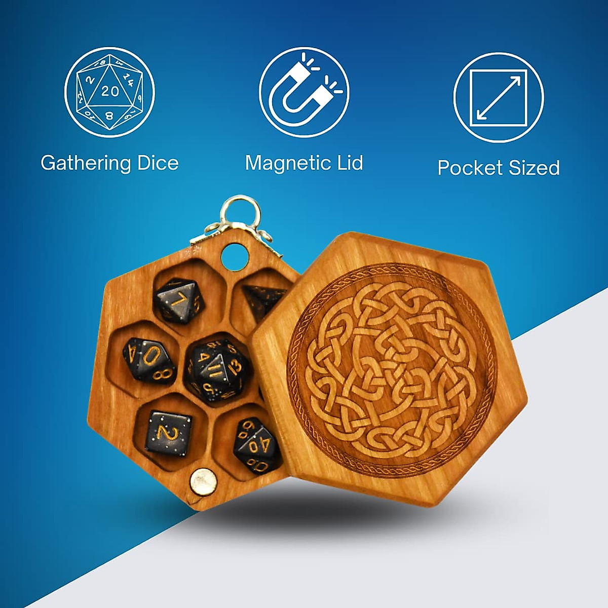 Elderwood Academy Pocket Sized Hex Dice Wood Chest with Magnetic Lid - Perfect for DnD, Magic the Gathering Dice Counters and Any Other Tabletop Games (Mini-Cherry/Celtic)