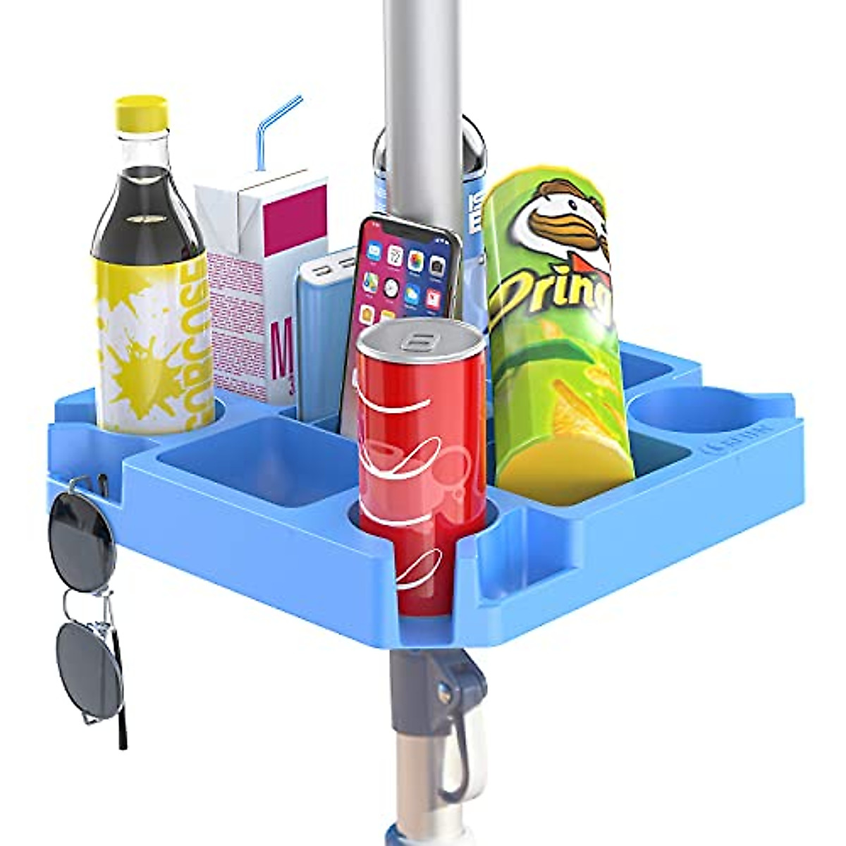 Keten 16" Beach Umbrella Table Tray with 4 Cup Holders, 4 Snack Compartments, 4 Sunglasses Holes, 4 Phone Slots, Umbrella Table for Beach, Patio, Garden, Swimming Pool