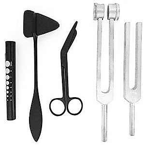 SURGICAL ONLINE Tactical Black - Set of Multi Purpose Diagnostic kit for Neurological, EMT and Eye EXAM, Reflex Percussion Taylor Hammer + Penlight + Tuning Fork C 128 C 512 + Bandage Scissors 5.5"