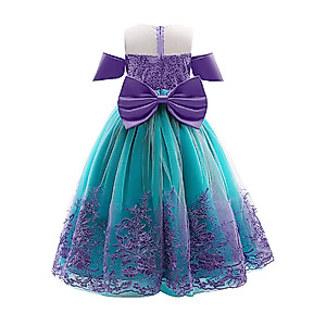 Kids Girls Little Mermaid Costume Ariel Princess Fancy Dress Up Birthday Party Halloween Christmas Carnival Cosplay Dresses + Crown + Jewelry Fairy Tales Outfit Set Purple+Green 6-7 Years