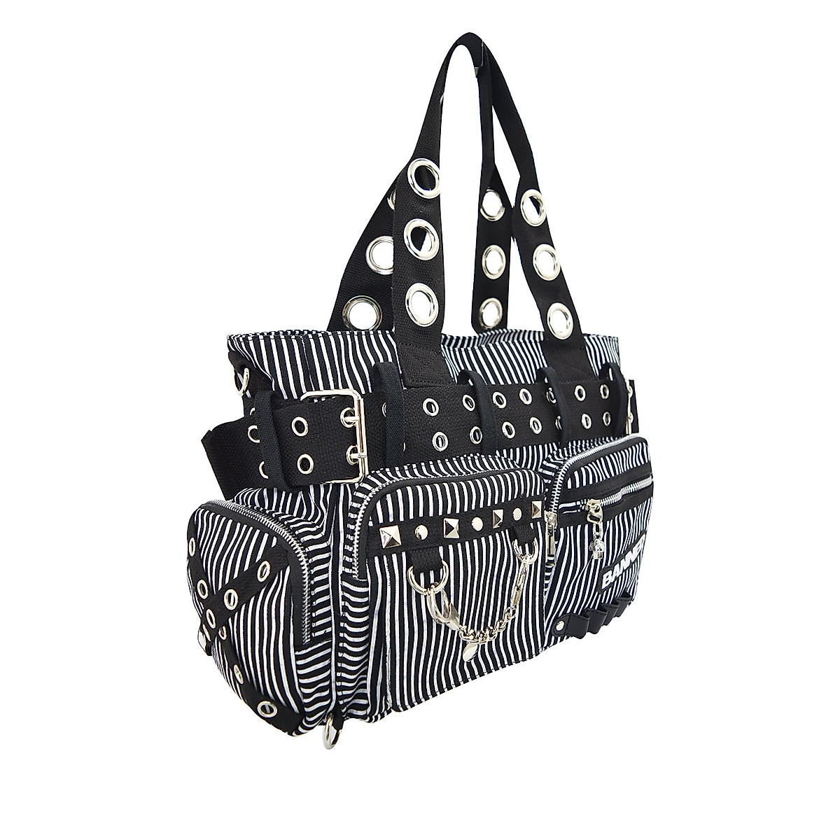 Lost Queen Striped Punk Rock Steampunk Purse with Handcuff Skull Charm (White), Medium