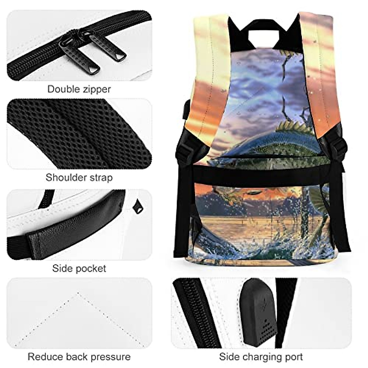 COLORFULSKY Pike Fish Fishing Backpack, PU Leather Travel Laptop Backpack with USB Charging Port, Water Resistant College School Computer Bag for Men & Women Fits 15.6 Inch Notebook