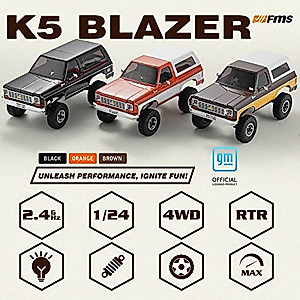 FMS 1/24 RC Crawler Officially Licensed Chevy K5 Blazer RC Car FCX24 RTR RC Pickup Truck SUV 4WD 2.4GHz Hobby RC Model 8km/h Mini Car RC Off-Road Remote Control Car (Black)