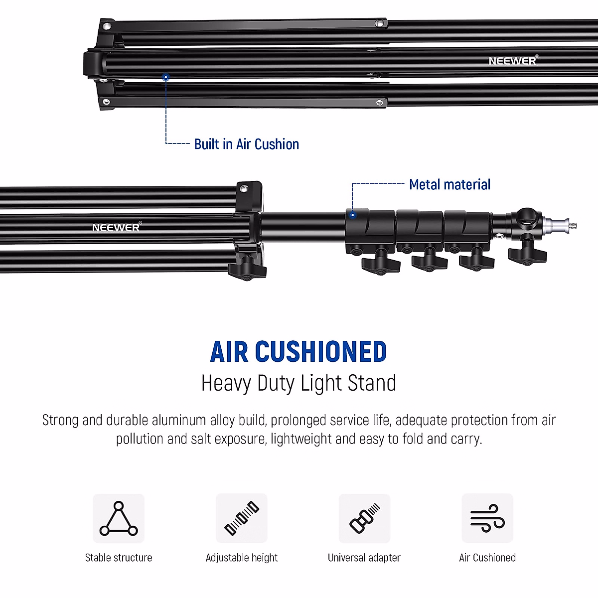 NEEWER 9.8ft/3m Air Cushioned Light Stand, Heavy Duty Metal Photography Tripod Stand with 1/4" to 3/8" Reversible Spigot, 3 Way Mounting Interface & Metal Locking Knobs, Max Load 5.5lb/2.5kg