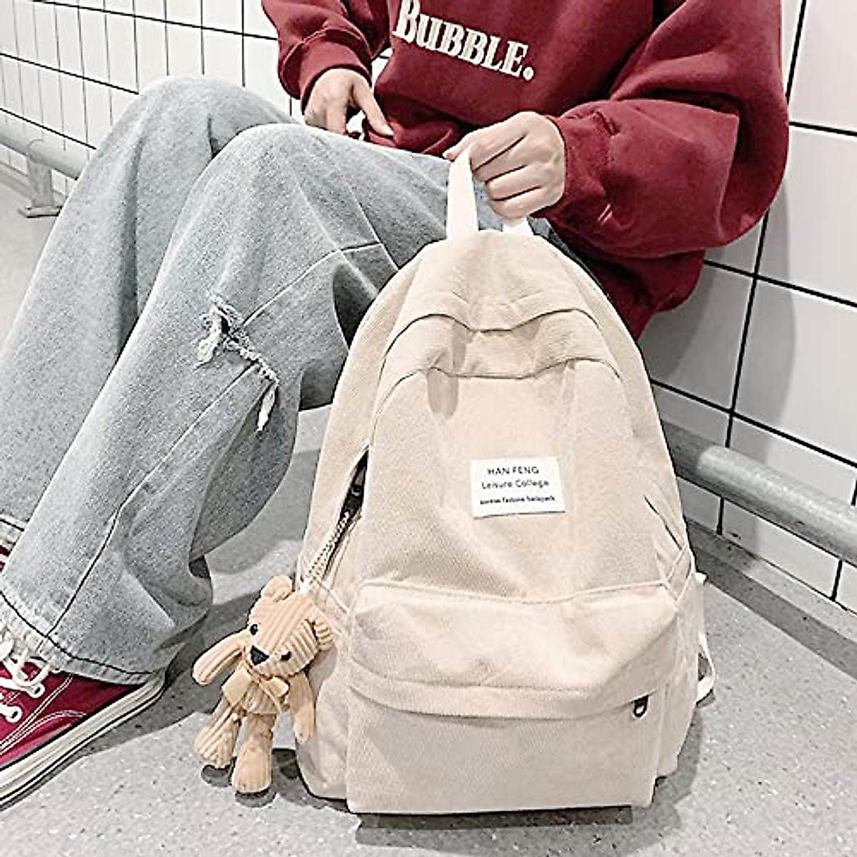 Van Caro Corduroy School Backpack Large College Backpack Casual Bookbag Laptop Backpack Computer Bag Travel Daypack for Girls Boys Teens,Khaki(no Pendant)