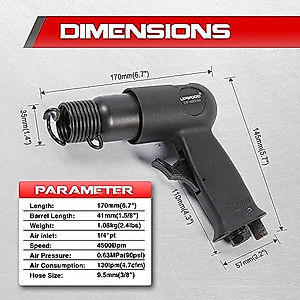 UW-AH150 Short Barrel Air Hammer Kit with Quick Change Retainer and 4 Chisels, 1-5/8 Inch Stroke, 4500 BPM, Light weight