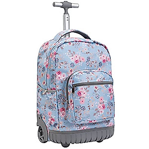 SKYMOVE 18 inches Wheeled Rolling Backpack Multi-Compartment Elementary Books Laptop Roller Bag Short Trip Carry-on for Women and Girls, Light Blue Flowers