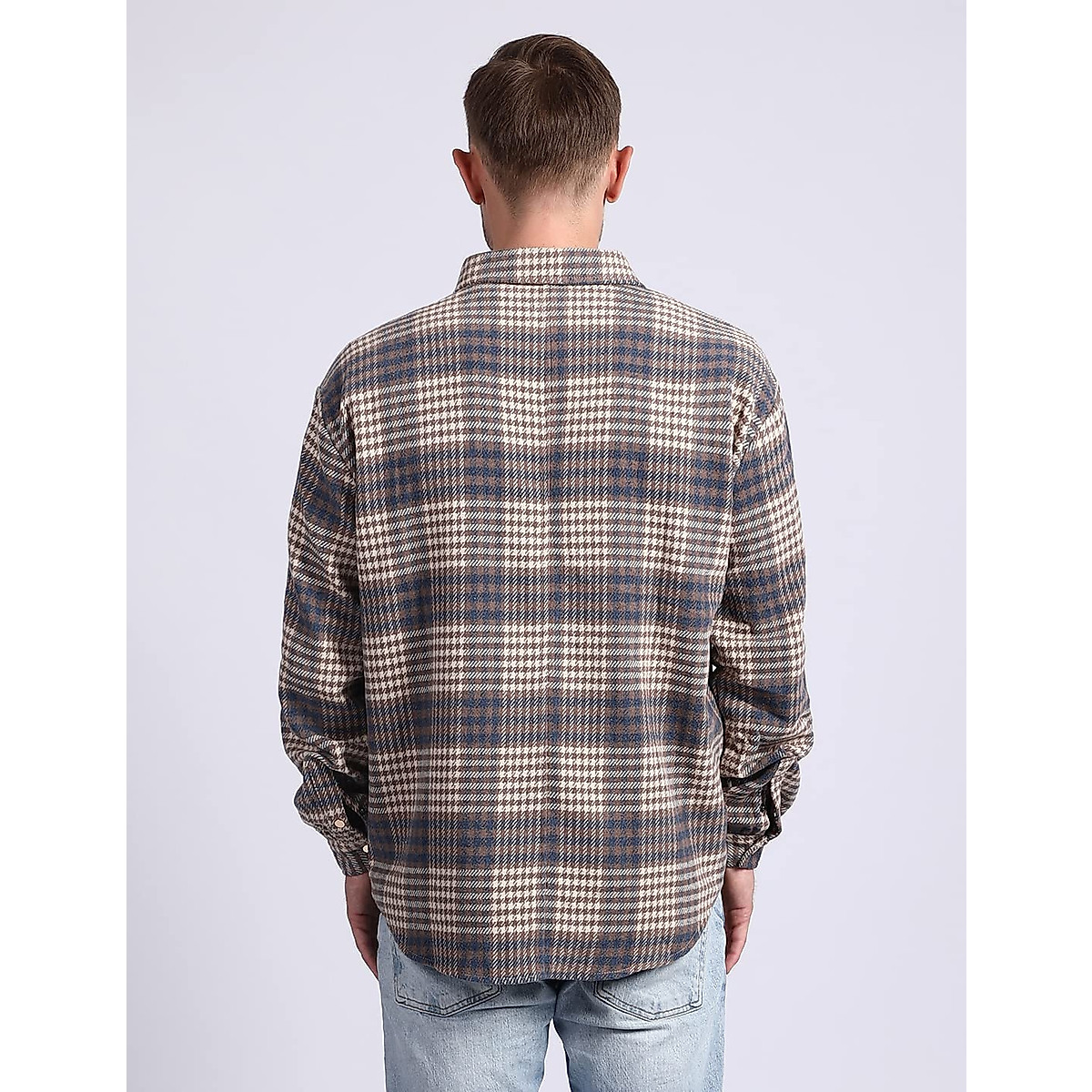 Locachy Men's Casual Cotton Plaid Shirts Long Sleeve Button-Down Flannel Overshirt Jacket Blue Plaid-L