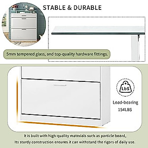 FridayParts Slim Entryway Organizer with 2 Flip Drawers, Tempered Glass Top Shoe Storage Cabinet with Drawer, Free Standing Shoe Rack with LED Light for Hallway, White