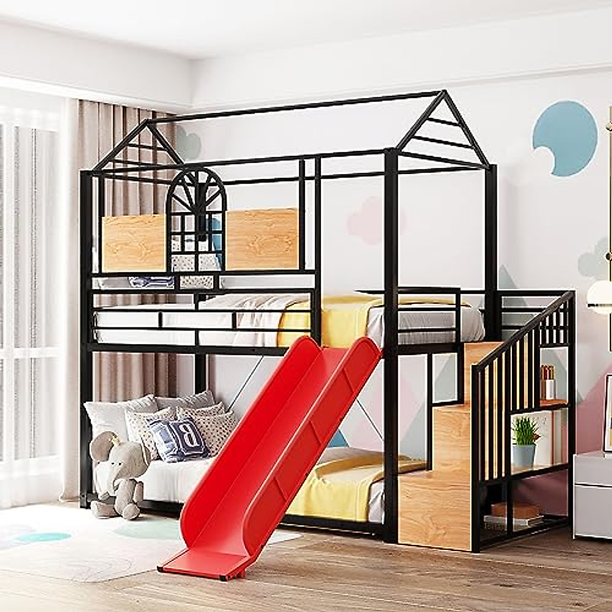 BOVZA House Bunk Bed with Slide and Stairs, Twin Over Twin Metal Bunk Beds Frame with Roof and Storage Staircase for Kids Boys Girls Teens, Black+Red