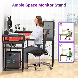 armocity L Shaped Desk with Drawers, Reversible Corner Computer Desk with LED Light & Power Outlet, 50'' L-Shaped Gaming Desk with Long Monitor Shelf, Home Office Desk for Small Corner Space, Grey