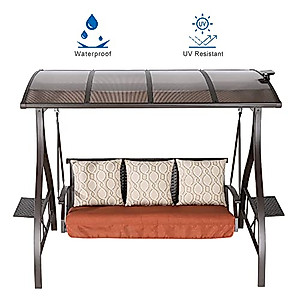 Iwicker 3-Seat Patio Swing Porch Glider Hammock Hang Bench Chair with Adjustable Canopy, Folding Tray, Cushions and Sunbrella Pillows Included for Garden, Poolside, Balcony
