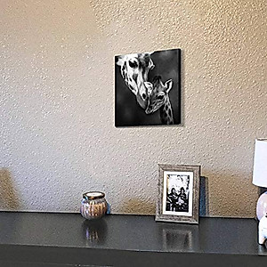 Giraffe Canvas Wall Art Painting: Animal Mama and Baby Kiss Artwork Prints for Decor (12”x12”)