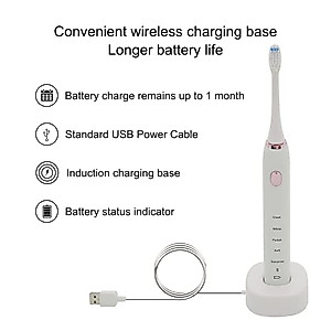 Over The Sea Sonic Bluetooth Rechargeable Electronic Toothbrush – 5 Modes – App Control – Smart Timer – Wireless Charging – Portable Power Toothbrush – 2 Replacement Dupont Brush Heads (White)