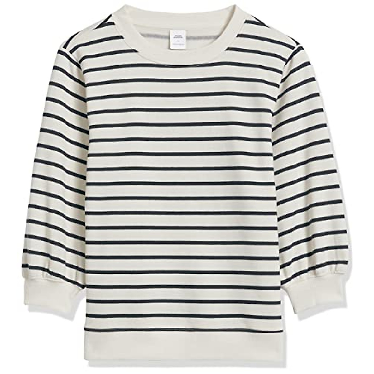 Amazon Essentials Women's French Terry Fleece Sleeve Detail Crewneck Sweatshirt, Black White Stripe, Large