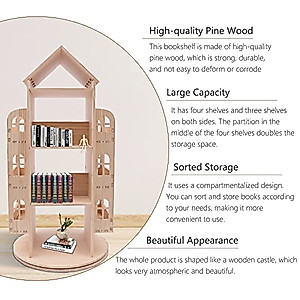 ZHFEISY Rotatable Bookshelf Pine Wood Rotating Bookshelf Castle Shape Book Shelf Organizer for Kids Large Capacity Bookshelf 45.67 x 23.23 x 23.23 inch