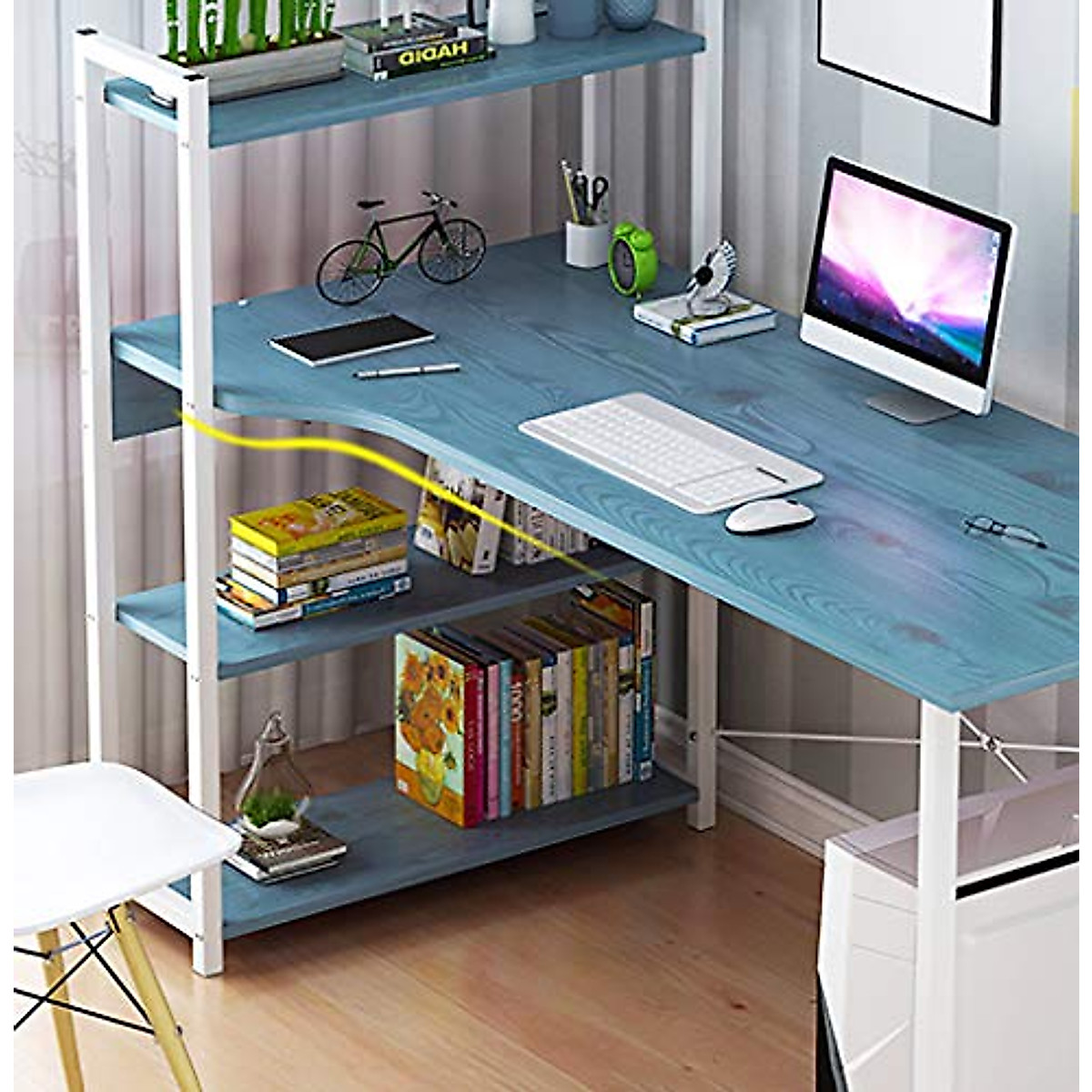 Multipurpose Computer Desk with 4 Tier Bookshelves,Modern Writing Table Home Office Desk,Compact Gaming Desk Pc Laptop Table Workstation