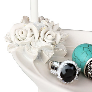 Shabby Chic Earring Holder Organizer Rack - Display Girls Hanging Jewelry on Metal Stand with Vanity Ring Dish Tray, Ivory Rose