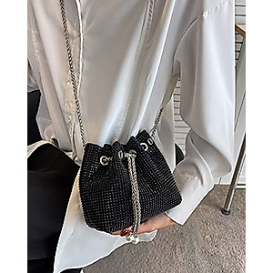 Hyuyikuwol Women Rhinestones Crystal Clutch Drawstring Bucket Bag Mini Evening Bags Crossbody Purses Pearl Pendant Party Prom Wedding Small Shoulder, Black