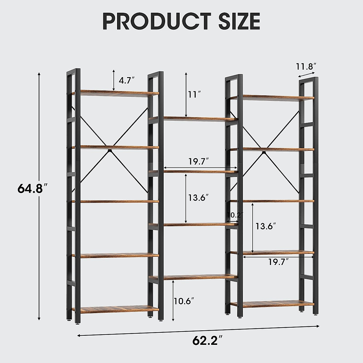 oneinmil Triple Wide 5-Shelves Corner Bookcase Industrial Vintage Wood Style Large Open Bookshelves for Home&Office (Brown, 5-Tier)