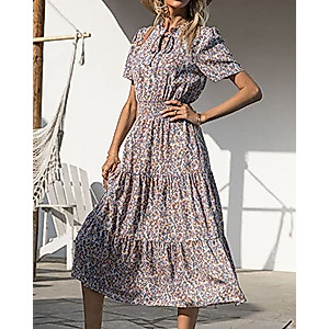 BTFBM Women's 2023 Summer Casual Boho Dress Floral Print Tie V Neck Short Sleeve Elastic Waist A-Line Midi Beach Dresses(Floral Blue, Large)