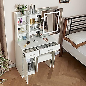 Buildonely Modern Dressing Table Set with Lighted Mirror and Large Tabletop, Vanity Desk Set LED Makeup Table with Touch Screen and Chair for Bedroom, Home, Girls. Women. White