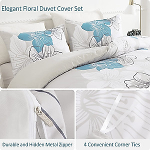 3 Pieces Duvet Cover Set King Blue Floral Pattern Comforter Cover Elegant Bohemian Floral Duvet Cover with 2 Pillow Cases Soft Lightweight Bedding Duvet Cover Set for Adults (Blue, 90"x 104")