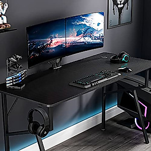 It's_Organized Gaming Desk 55 inch PC Computer Desk, K-Frame Home Office Desk Professional Gamer Workstation with Cup Holder Headphone Hook Gaming Handle Rack Free Mousepad, Black