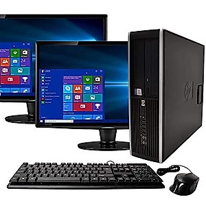 HP Elite Desktop Computer, Intel Core i5 3.2 GHz, 8 GB RAM, 500 GB HDD, Keyboard & Mouse, Wi-Fi, Dual 19 LCD Monitors (Brands Vary), DVD-ROM, Windows 10 (Renewed)