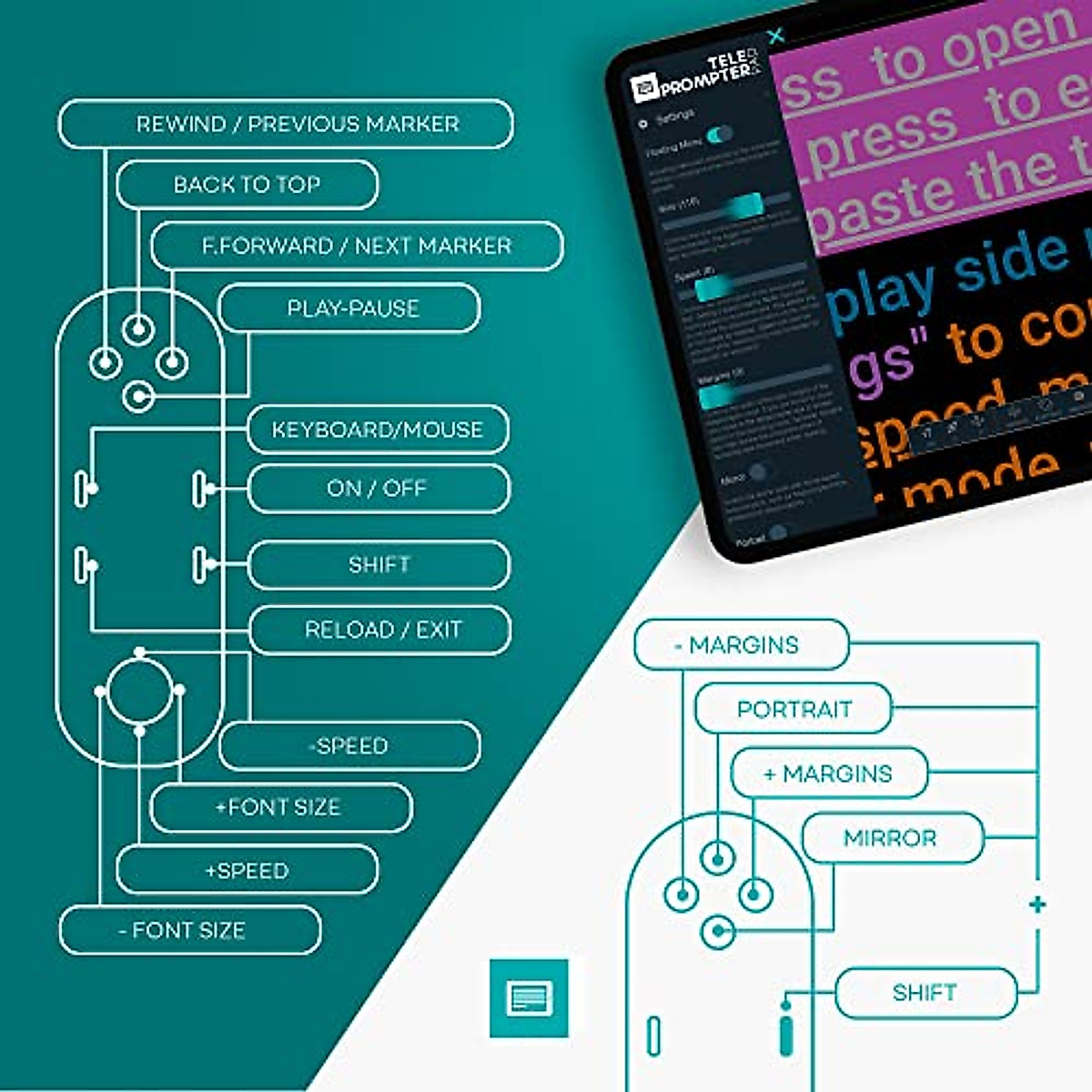 TELEPROMPTER PAD Bluetooth Remote Control for Teleprompter - Includes ...
